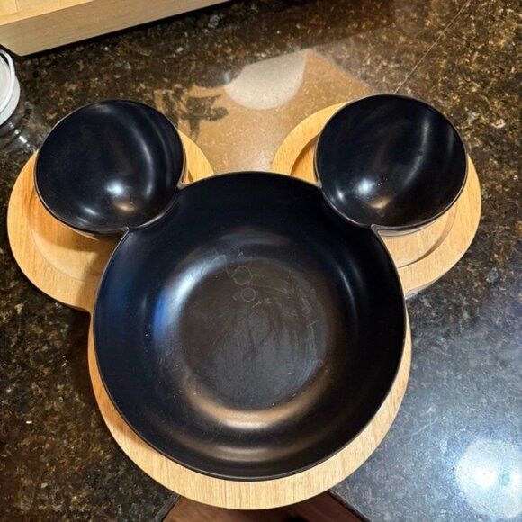Disney | Dining | Mickey Mouse Shaped Black Plastic Bowl Wooden Serving ...